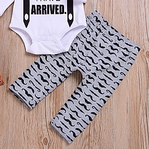 Kashoer 3Pcs Newborn Baby Boy Girls Bowtie Letters Romper Suit+Long Moustache Pant+Hat Kid Playsuit (White, 0-3Months)