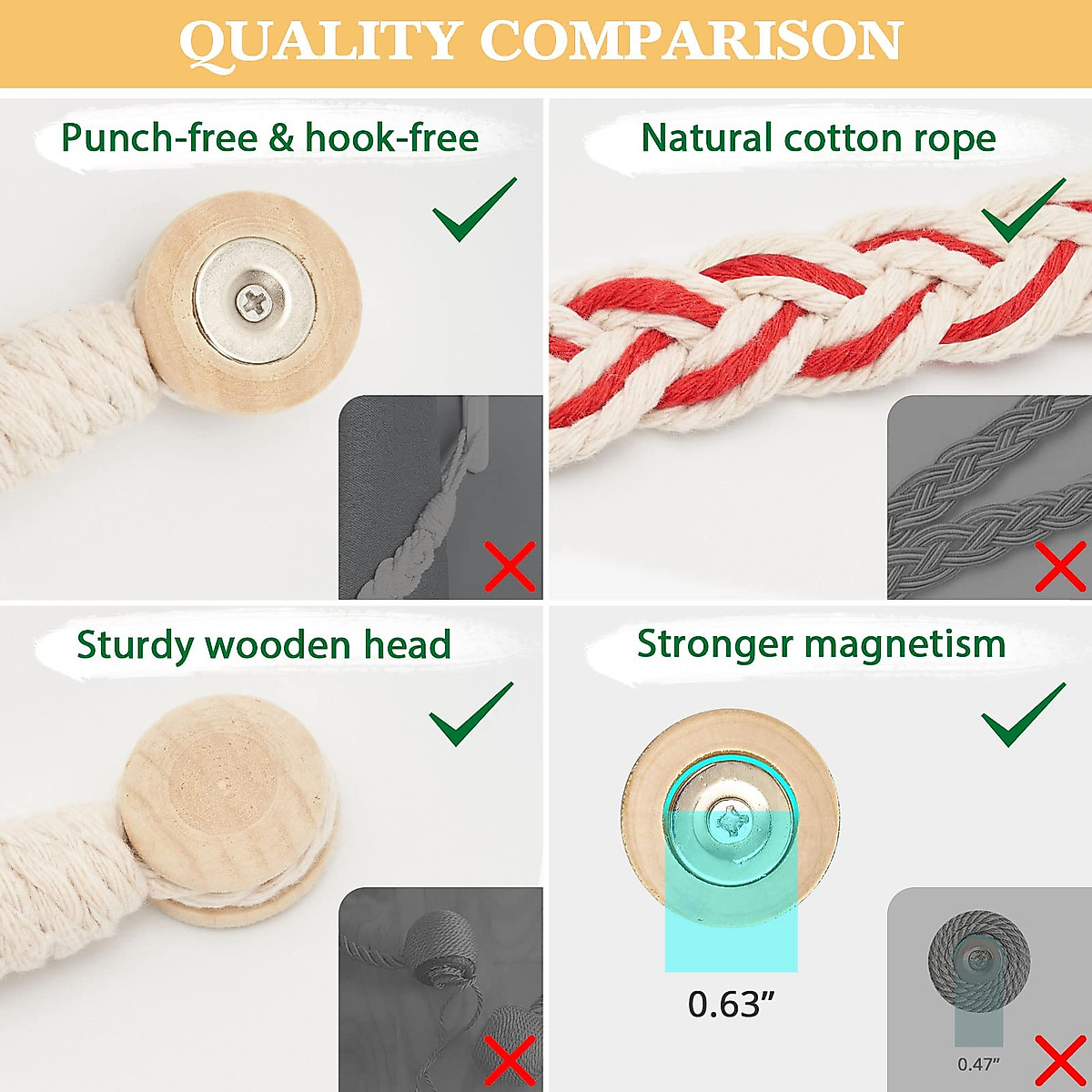 NICEEC 2 Pack Wood Strong Magnetic Curtain Tiebacks Boho Style Decorative Drape Tie Backs Natural Cotton Hand-Woven Soft Rope Curtain Holdbacks for Home & Office Draperies Decor (Beige & Red)