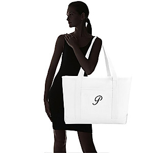 DALIX Large Canvas Tote Bag for Women Work Bag Beach Totes Monogrammed White P