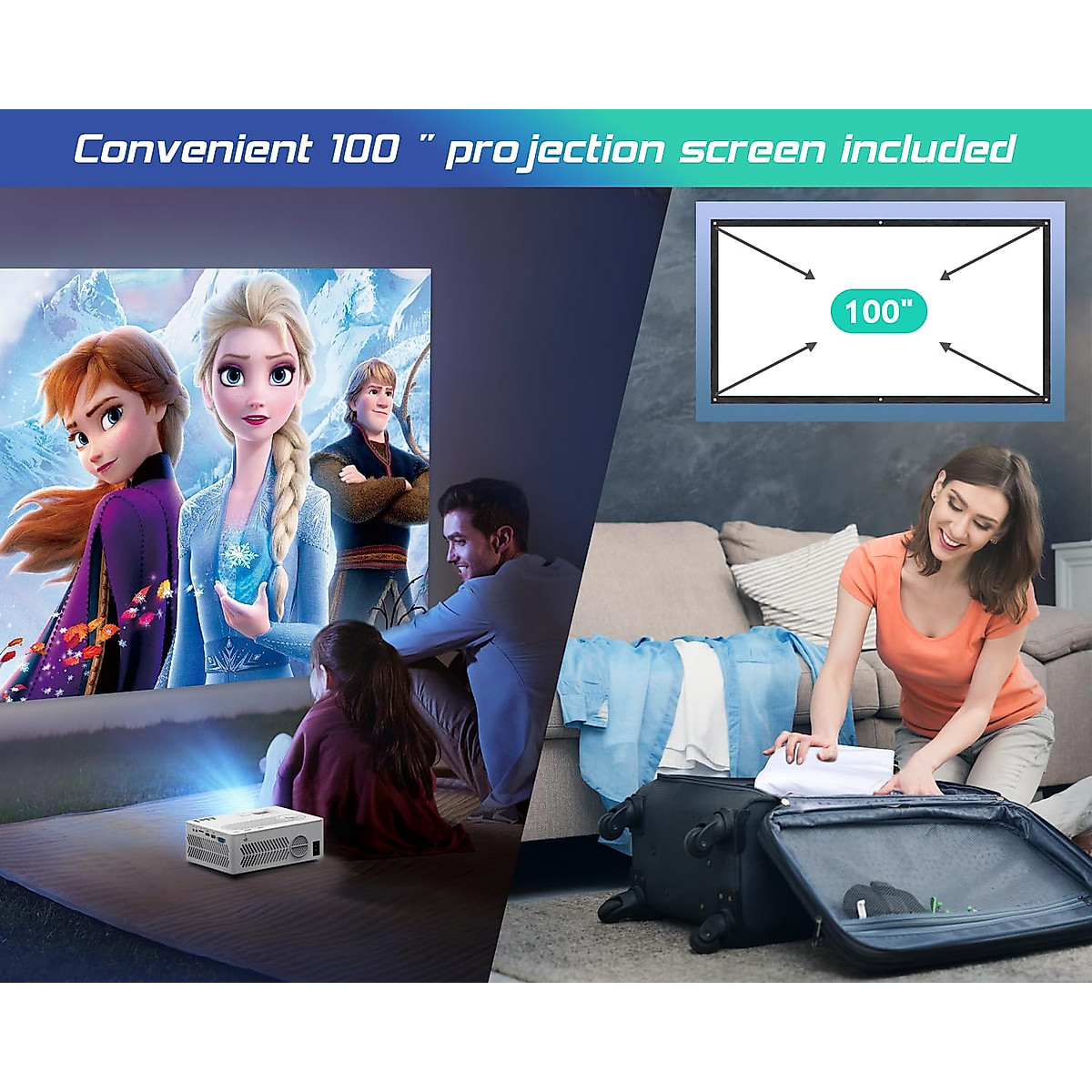 TMY Projector with WiFi and Bluetooth, Native 1080P 5G WiFi Outdoor Projector with 100" screen, 4K Supported Portable Projector, Compatible with iOS/Android/PC/TV Stick/HDMI/AV/USB, Indoor Outdoor Use
