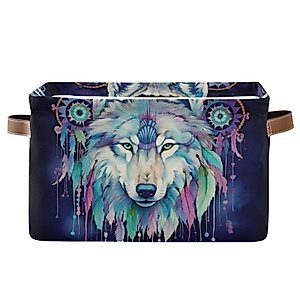 KJIZMO Wolf and Dream Catcher Foldable Storage Basket for Shelves, Collapsible Sturdy Storage Bin with Handles, Canvas Storage Cube for Organizing Closet 1PC