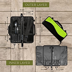 Knife Bag Canvas Chef Knife Roll Case -16 Pocket Knife & Kitchen Utensils Holder + Honing Steel Rod + Precision Drawing Spoons - Portable Storage for Travel Camping Culinary Student - Shoulder Strap