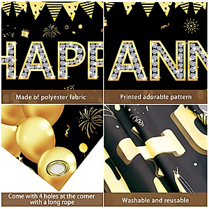 Wedding Anniversary Banner Decorations, Large Happy Anniversary Yard Sign Party Supplies Decor, Black Gold Outdoor 16th/21st/30th/40th Anniversary Decorations Photo Booth Props(9.8 X 1.6ft)