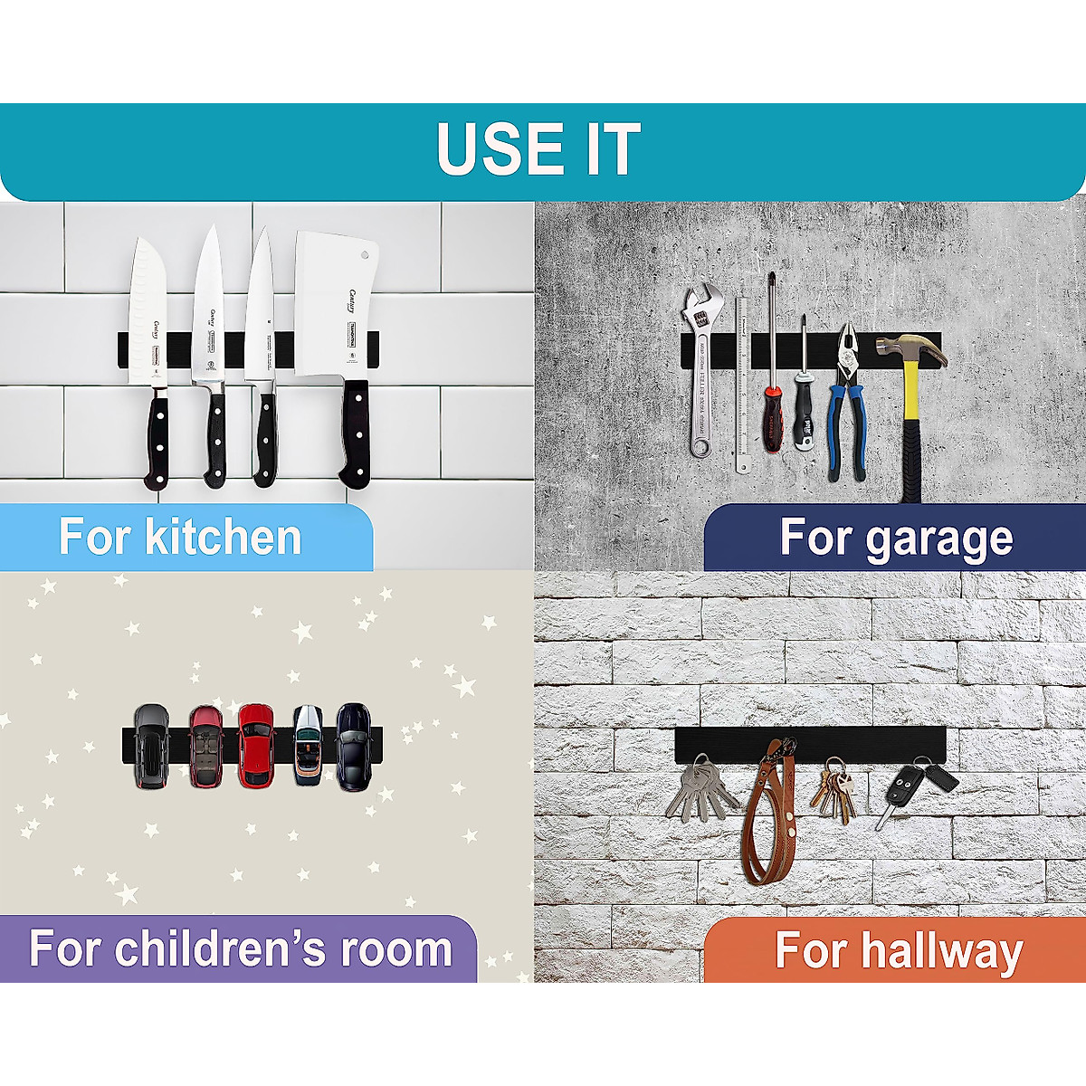 10 Inch Black Knife Magnetic Strip Use as Magnetic Knife Holder for Wall - Wall Magnetic Knife Strip - Kitchen Magnetic Knife Bar - Rack Holder