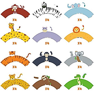 48pcs Jungle Safari Animal Cupcake Wrapper Wild One Birthday Photo Booth Props Zoo Party Supplies Baby Shower Birthday Decorations Zoo Animals Party Decor