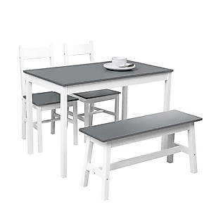 Solid Wood 4 PC Dining Table and Chair Set, Bench, Rectangular, Modern Farmhouse Dinette Table Set for Kitchen, Dining Room, Easy Assembly