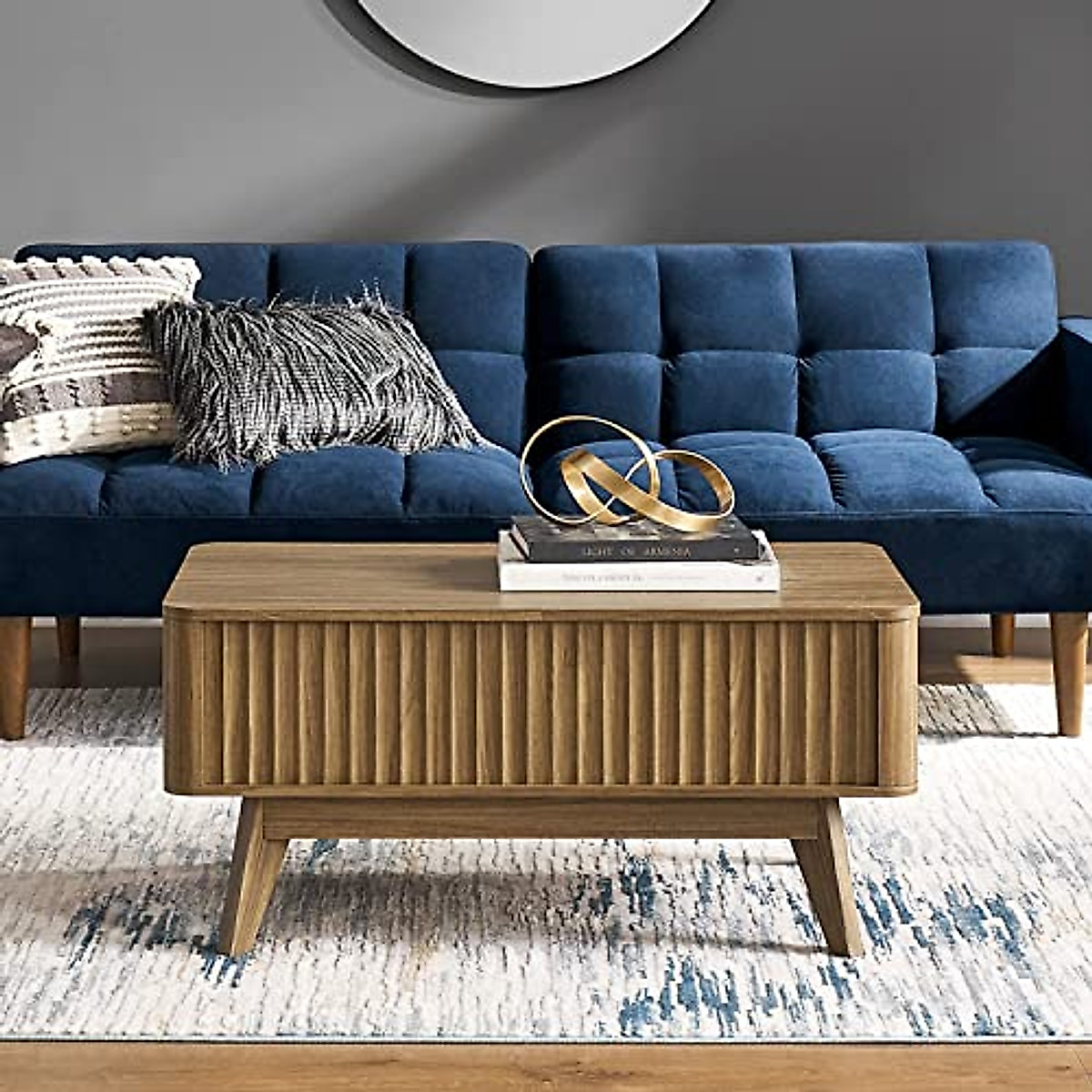 mopio Brooklyn Lift Top Coffee Table for Living Room, Mid Century, Modern Farmhouse with Lifting Tabletop & Hidden Storage, Fluted Panel, Rising Pull Up Dining Table (Walnut)