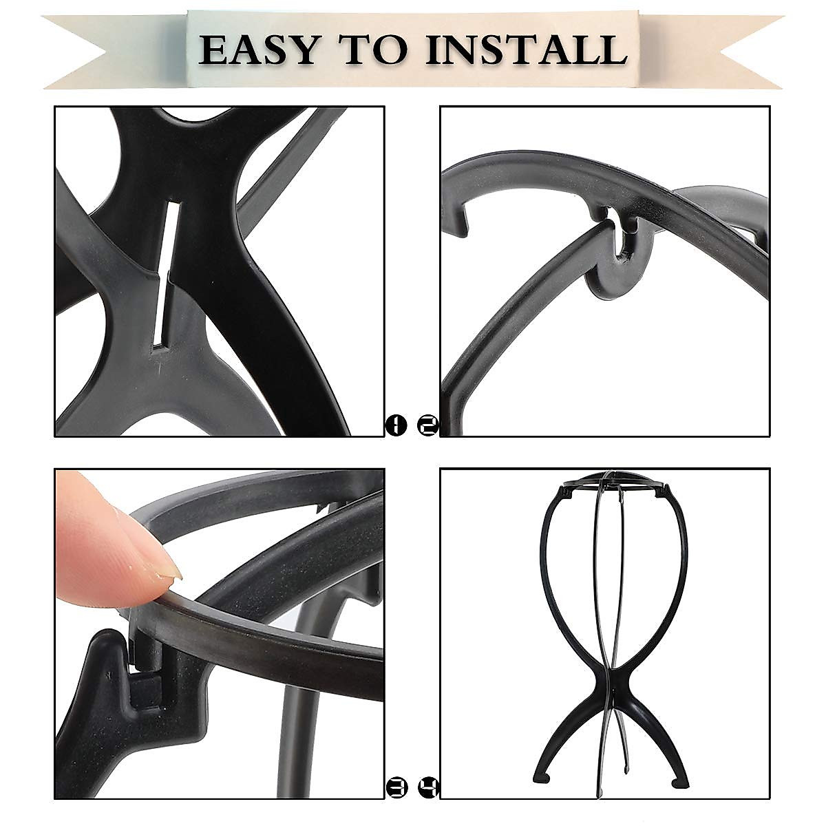 DANSEE 6 Pack Short Wig Stand Portable Wig Holder for multiple Wigs and Hats, 14.2 Inches Travel Wig Stand(Black)