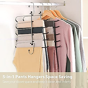 Pants Clothes Hangers Space Saving, RELBRO 2 Packs Multifunctional Pants Rack Hanger Black Stainless Steel Pants Jeans Hangers 5 Layered Closet Organizer for Pants Scarfs Slacks Towels Ties