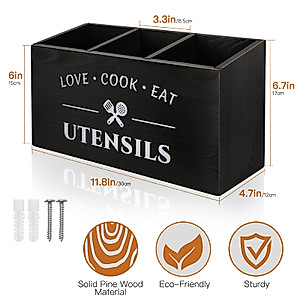 MINCORD Kitchen Utensil Holder with 3 Compartments, Rustic Wooden Utensils Storage Organizer Box Vintage Cutlery Holder, Farmhouse Flatware Utensil Caddy Countertop for Silverware Fork Spoon Spatula