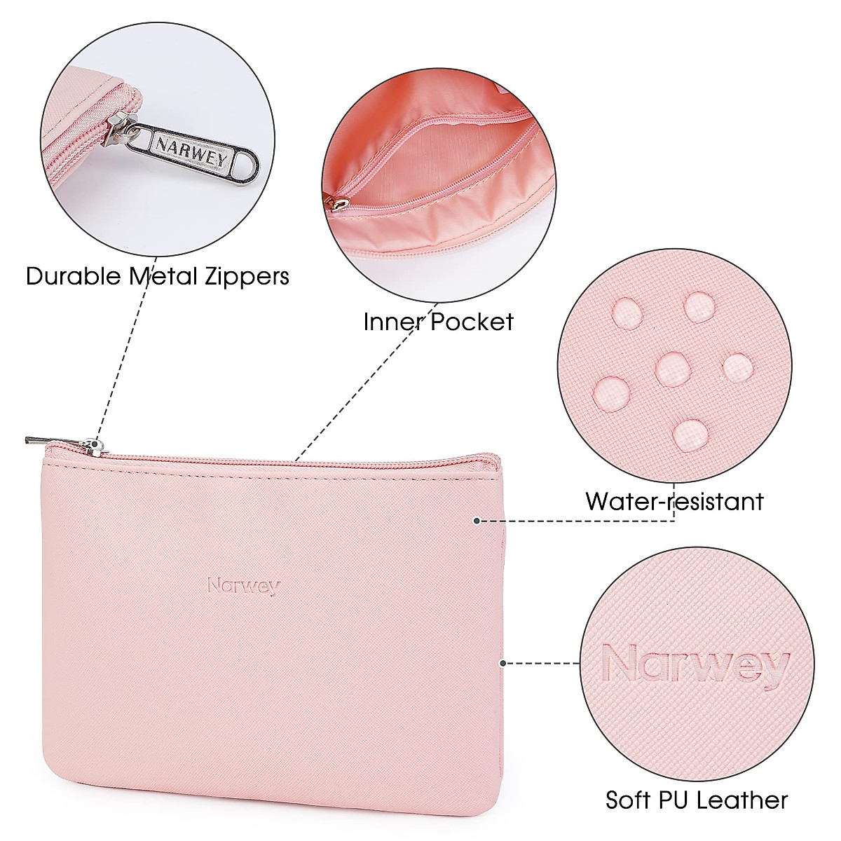 Narwey Small Makeup Bag for Purse Vegan Leather Travel Makeup Pouch Mini Cosmetic Bag Zipper Pouch for Women (Pink)