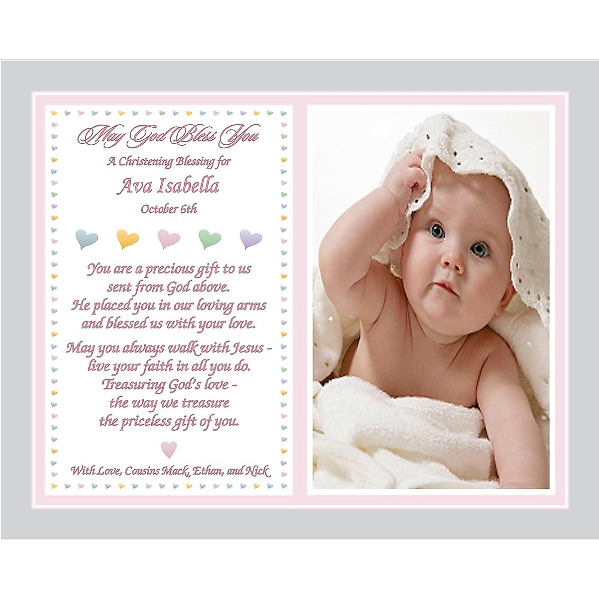 Poetry Gifts Custom Baptism Keepsake for Baby Girl, Personalized Print with Name, Date and Photo