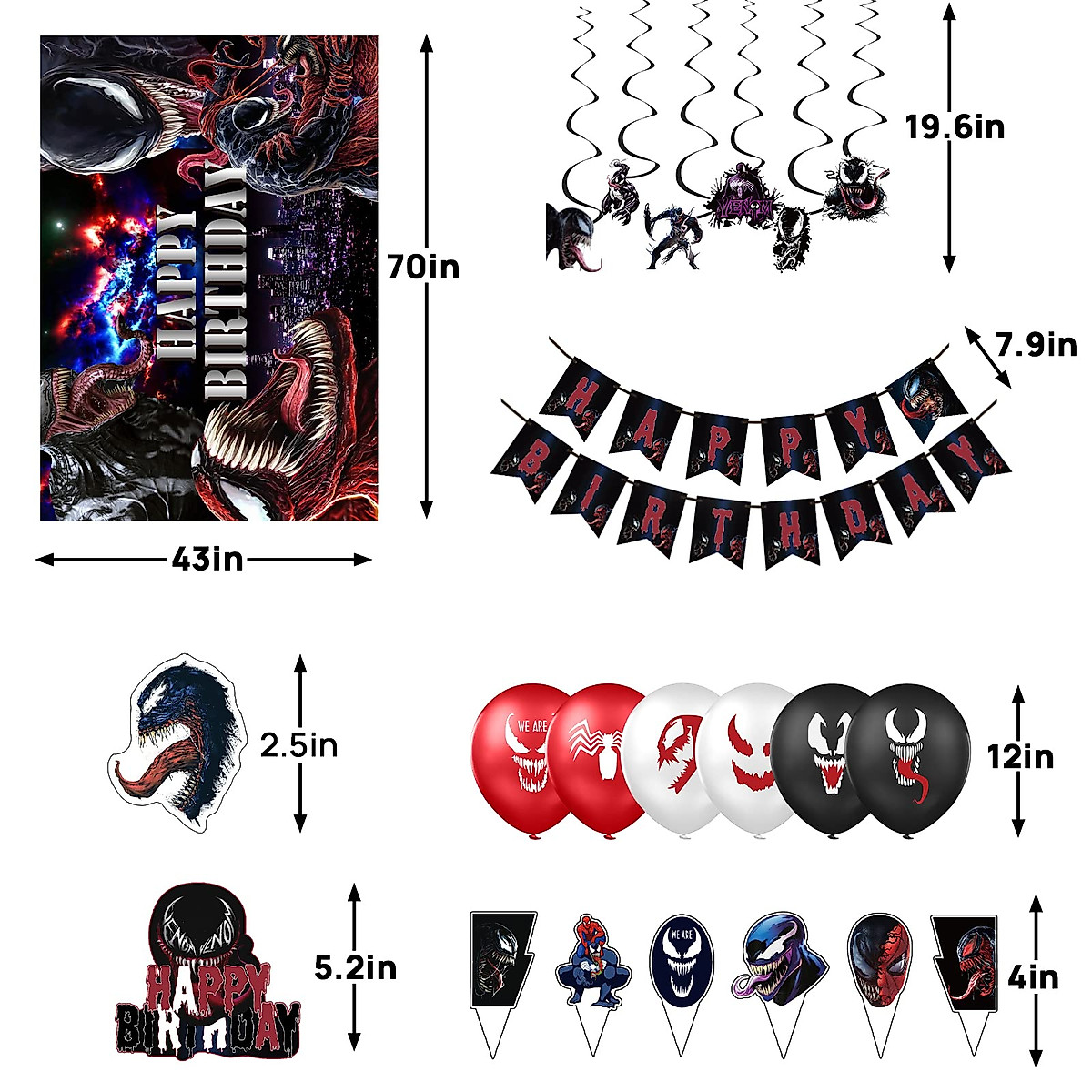 XIAMIE 51Pcs Venom Birthday Party Supplies Set, 5*3ft Backdrop, 12 inch Latex Balloons, Cupcake, Cake Topper, Hanging Swirls, Happy Birthday Banner Venom Themed Birthday Party Supplies Decorations