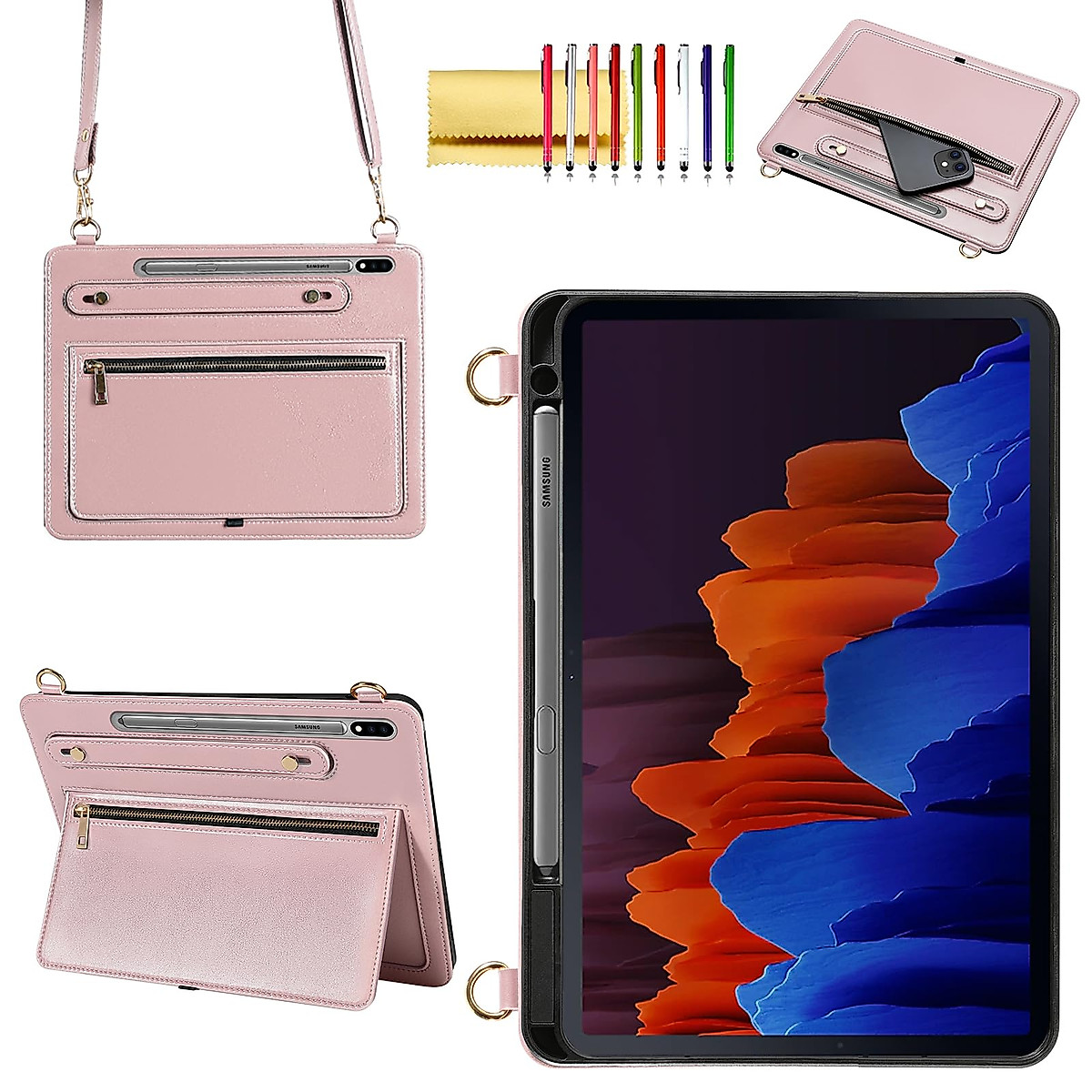 Back Cover Case for Samsung Galaxy Tab S9 FE/S9/S8/S7 [Pen Holder], Techcircle Slim Fit Vegan Leather Protective Soft TPU Shell Wallet Case with Hand Strap & Removable Shoulder Strap, Light Pink