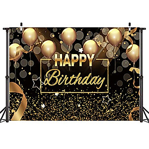 Sensfun Happy Birthday Party Backdrop Banner for Men Women Black Gold Balloons Glitter Bokeh Spots Photography Background Baby Adult Birthday Cake Table Decoration Supplies Photo Booth Backdrops 7x5ft