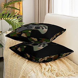 Gamer Throw Pillow Covers 16x16 Set of 2, Camo Gaming Pillow Covers For Kids Teens Man, Camouflage Glitter Honeycomb Cushion Covers, Game Console Decorative Accent Pillow Cases, Green Yellow