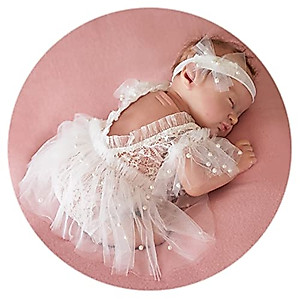 Zeroest Newborn Photography Outfits Girl Lace Romper Newborn Photography Props Rompers Baby Girls Skirt Photoshoot 3PCS (White-Short Sleeve)