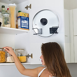 Pot Lid Organizer Pot Lid Organizer for Cabinet Door Pot Lid Holder Wall Mount Pot Lid Organizer 3M Self Adhesive Pan Lid Organizer Holder Wall Mounted Pan Lid Organizer Adjustable Length (Black, 4)