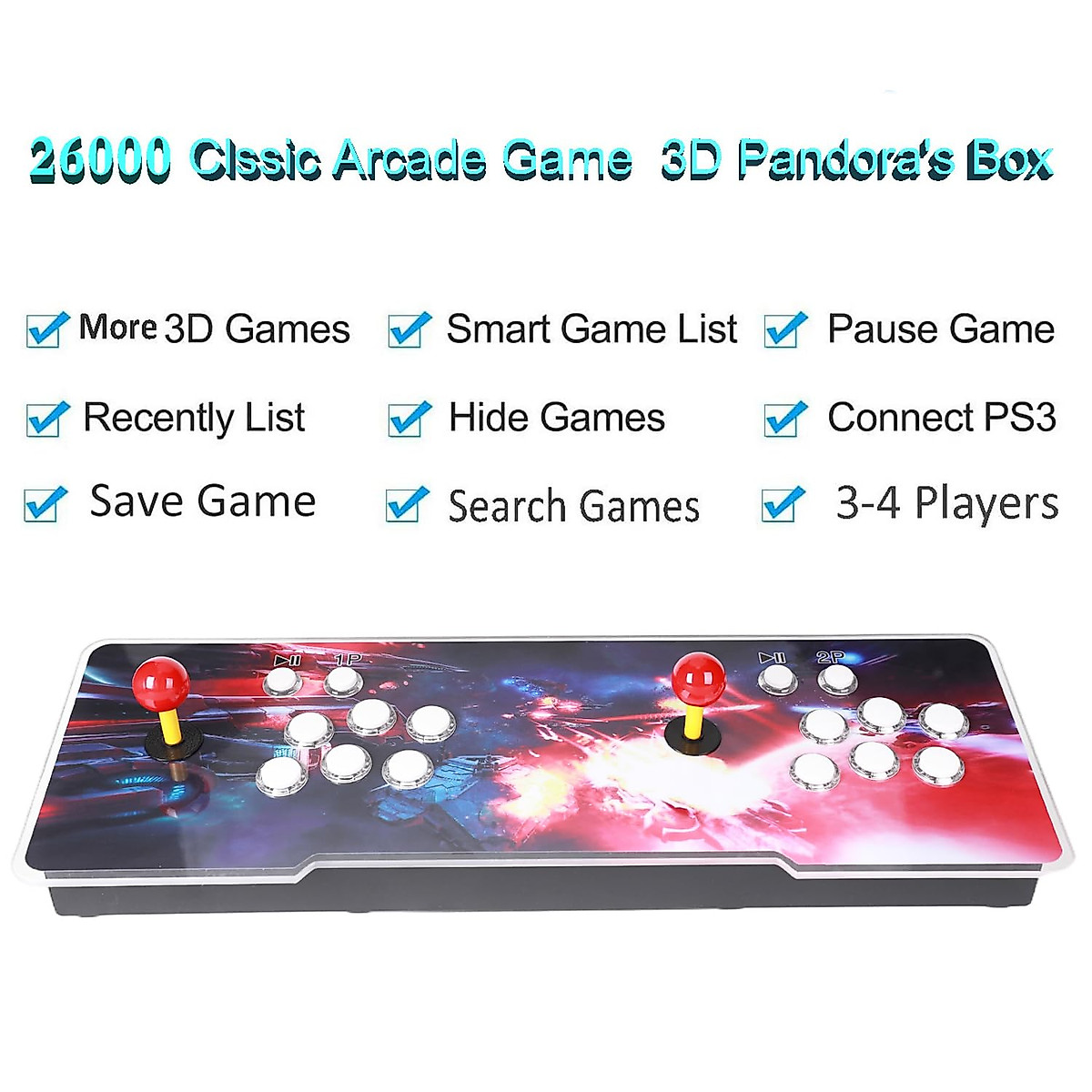 Uiexer 26000 Classic Arcade Pandora's Box, 3D Arcade Game Console Support 3D Game, 1280x720 Full HD, Search/Save/Hide/Pause Game, HDMI VGA, 4 Players Online Game