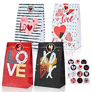 Valentines Day Paper Gift Bags, 12 Pack Love Heart Valentine Party Favor Bags Treat Bags with 18 Pcs Sealing Stickers for Gift Wrapping, Classroom Gift Exchange (Red, Black, White)