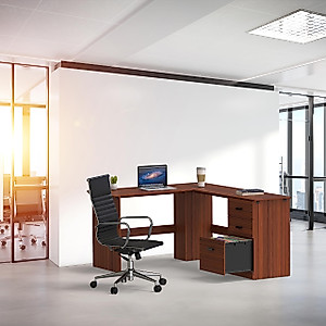 SHW L-Shaped Home Office Wood Corner Desk with 3 Drawers, Walnut