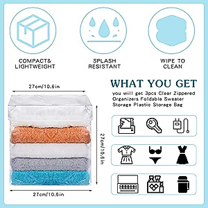 3 Pcs Clear Zippered Organizers Clothes Storage Bags with Handle Plastic Sweater Storage Foldable Toy Storage Bin for Organizing Blankets Underwear Toys Travel Storage (3 Pcs)