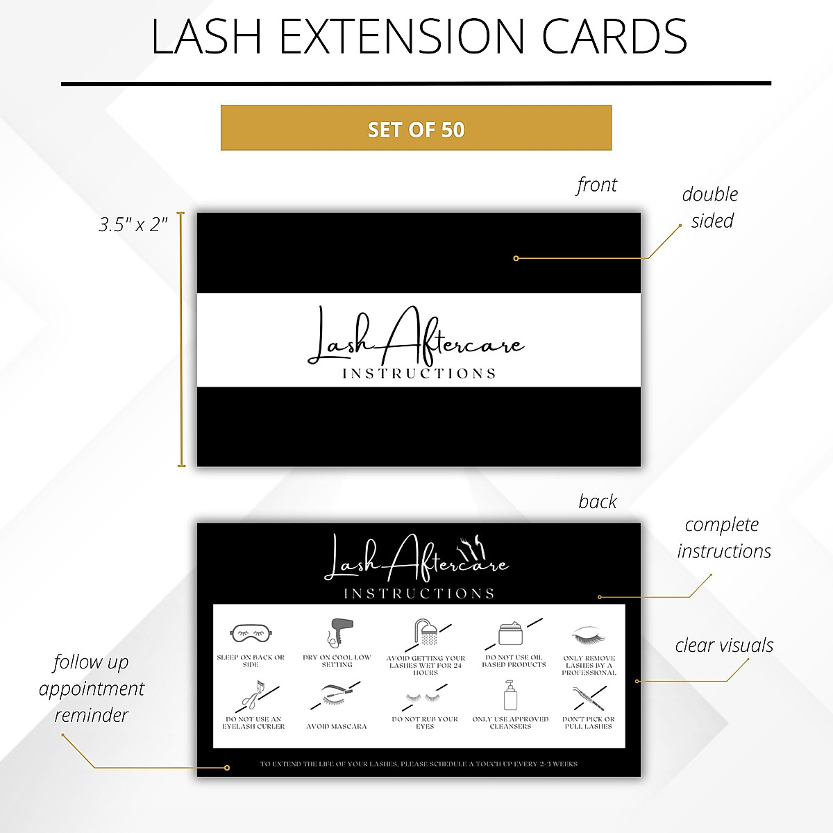 Lash Aftercare Card - 50 Aftercare Lash Extensions Card | Eyelash Extension Aftercare Client Cards 3.5" x 2" | Lash Care Lash Extension Aftercare Instruction Card