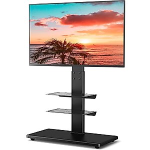 Universal Floor TV Stand with Height Adjustable Swivel Mount and 3 Media Storage Shelves, Fit for 42 43 47 50 55 60 65 70 75 Inch Plasma LCD LED OLED Flat or Curved Screen TVs