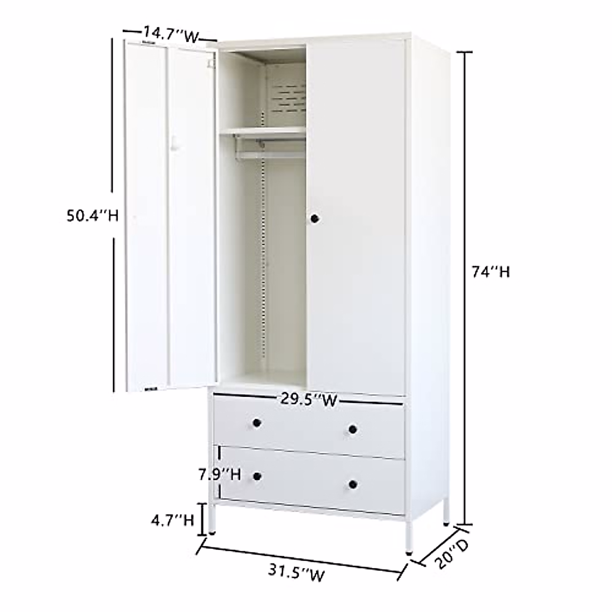 Besfur Steel Storage Wardrobe Cabinet - Metal Wardrobe Armoire Closet with Adjustable Hanging Rod & Two Drawers for Bedroom, Laundry Room (White)