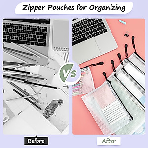 Smarpau Plastic Mesh Zipper Pouch Document Bag, 12 Pack Waterproof Zip File Folders for Office Supplies and Travel Storage (A6-9.4x4.7in, Black)