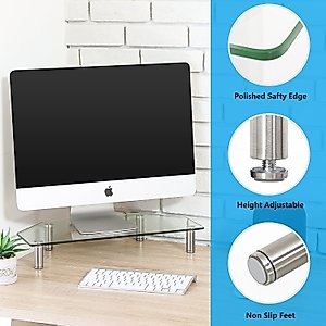 FITUEYES Monitor Stands Curved Glass Computer Risers with Height Adjustable for PC Monitors, Laptops, Computers & TVs，DT105002GC