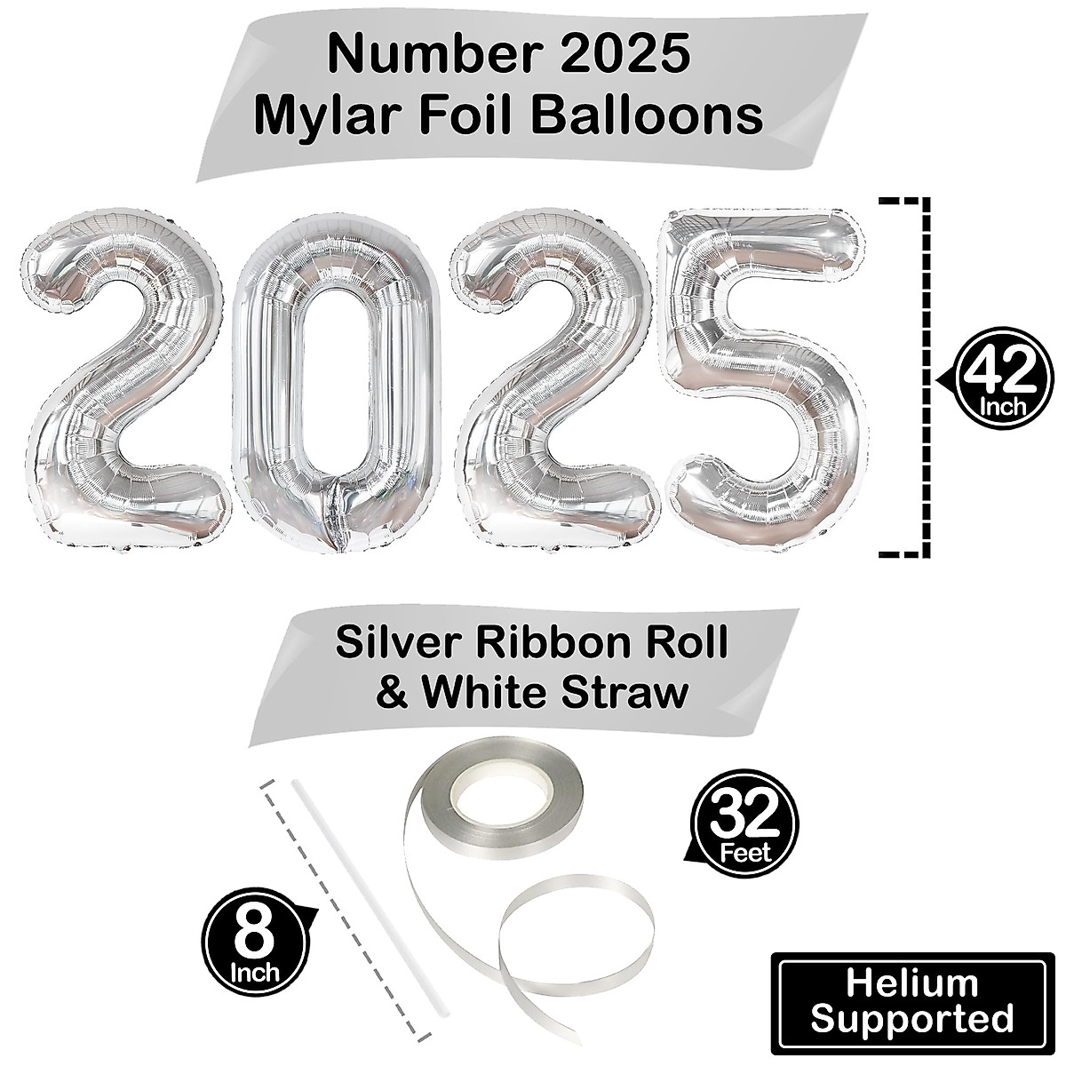 KatchOn, Giant Silver 2025 Balloon Numbers - 42 Inch, New Years Balloons | 2025 Balloons Silver for Happy New Years Decorations 2025 | Foil 2025 Silver Balloons for New Years Eve Party Supplies 2025