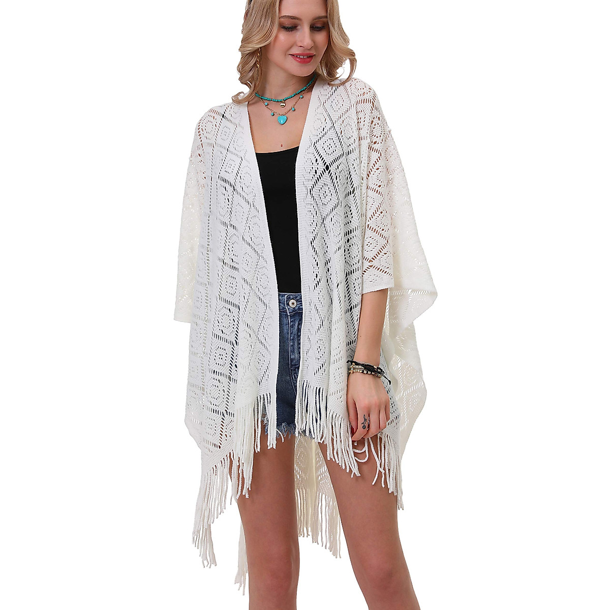 Knit Shawl Wrap for Women - Soul Young Ladies Fringe Knitted Poncho Cardigan Cape(One Size,Cream White Block)