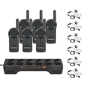 6 Pack of Motorola DLR1060 Radios with 6 Push to Talk (PTT) earpieces and a 12 Pocket Radio Charger