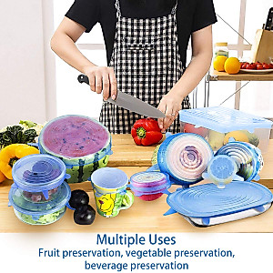 YAZJIWAN Silicone Stretch Lids, Durable & Eco-Friendly Elastic Lids Reusable Heat Resistant Various Sizes Cover for Bowl (Blue-6pack)