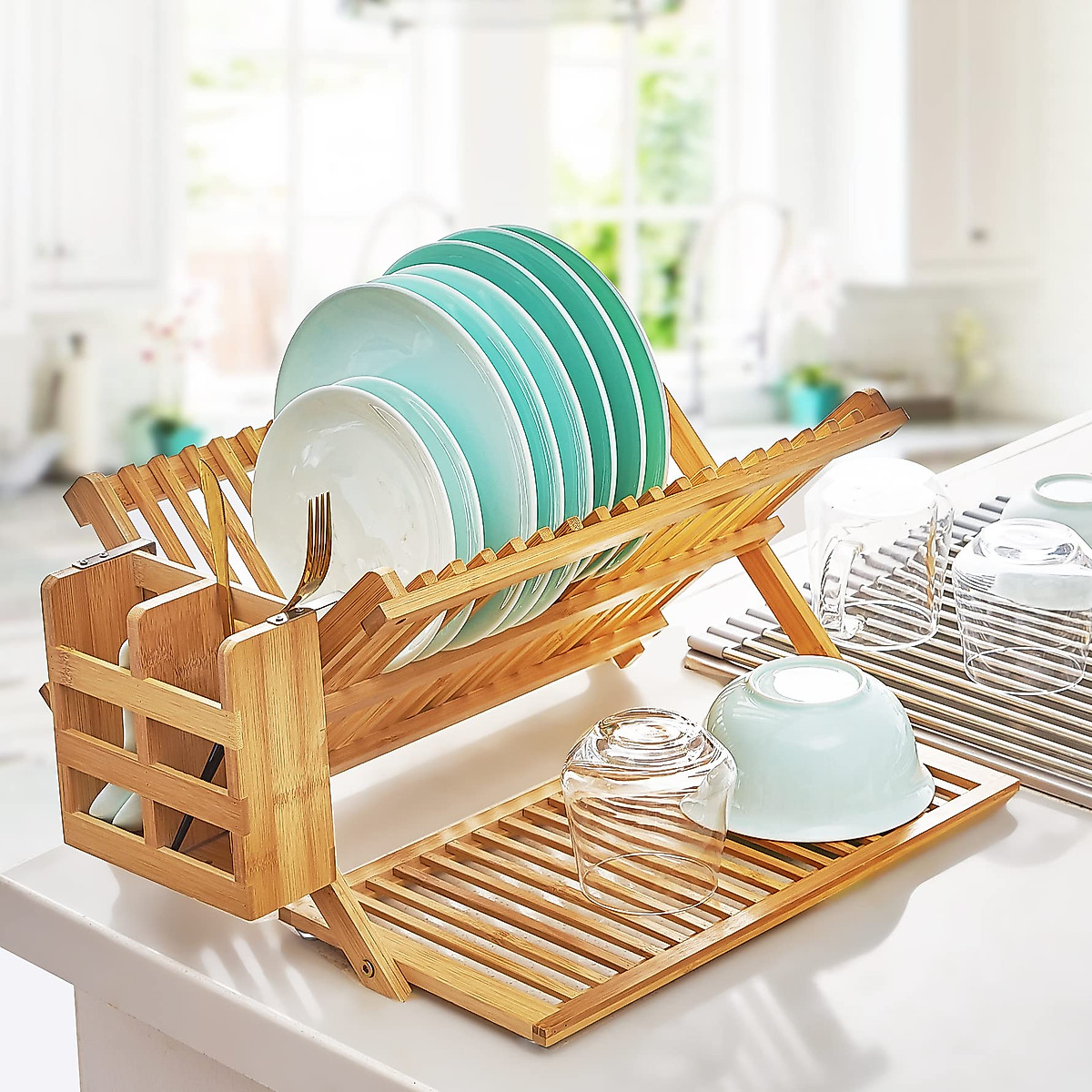 WORTHUG Bamboo Dish Drying Rack Set, 3-Tier Collapsible Bamboo Drainer Dish Drying Rack with Utensil Holder ,Multipurpose Roll-Up Dish Drying Rack