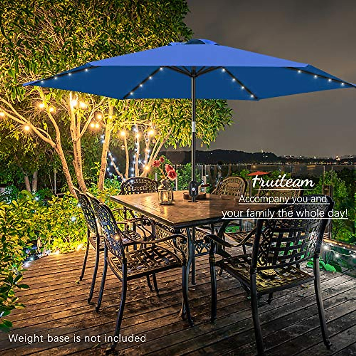 FRUITEAM Solar Patio Umbrella Outdoor LED Swimming Pool Umbrella, 7 1/2 FT Table Umbrella with Lights Heavy Duty Patio Umbrella with Sturdy Ribs, Crank, Easy Tilt Adjustment, Aqua Blue