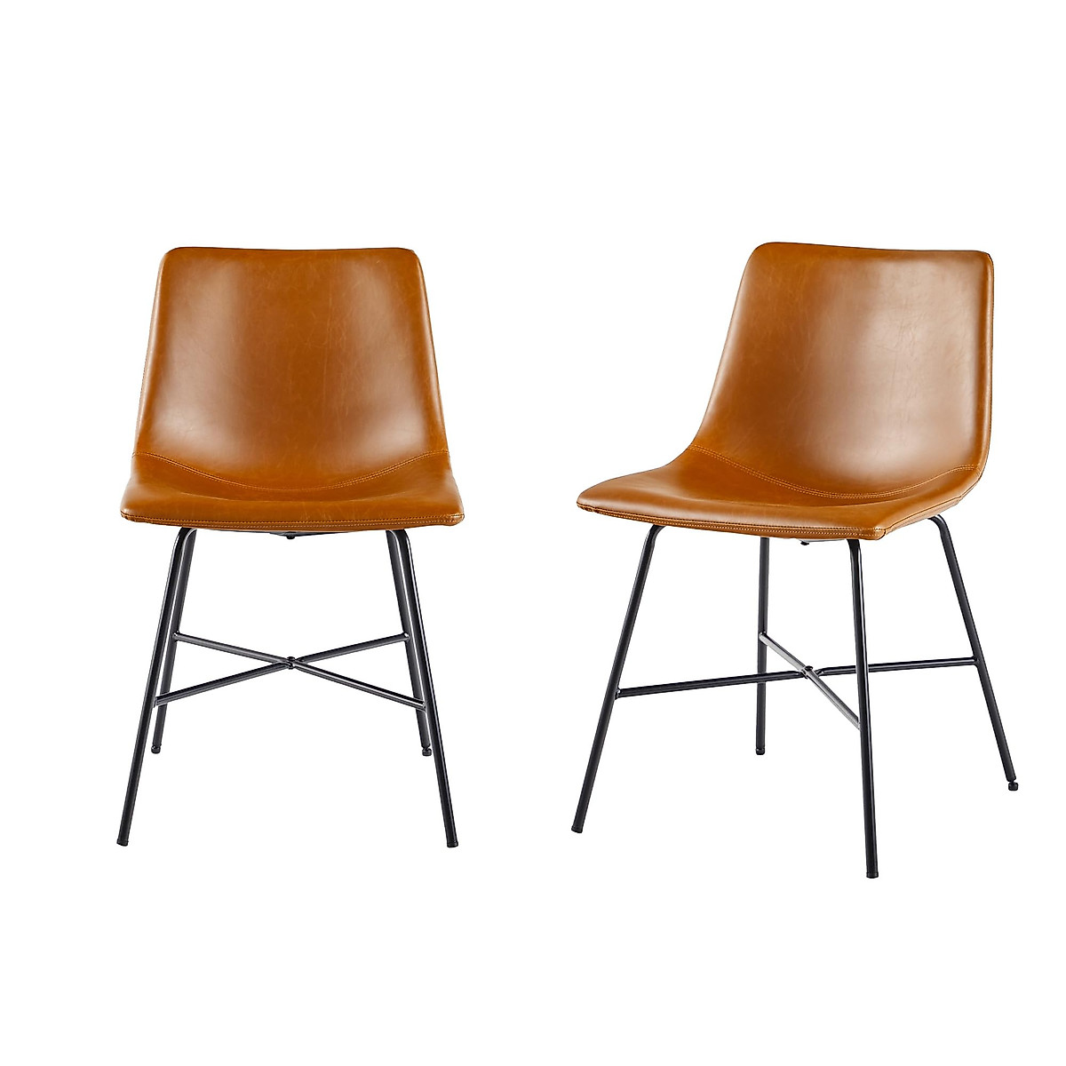 Walker Edison Mid-Century Modern Upholstered Dining Chair with Metal X Base, Set of 2, Whiskey Brown
