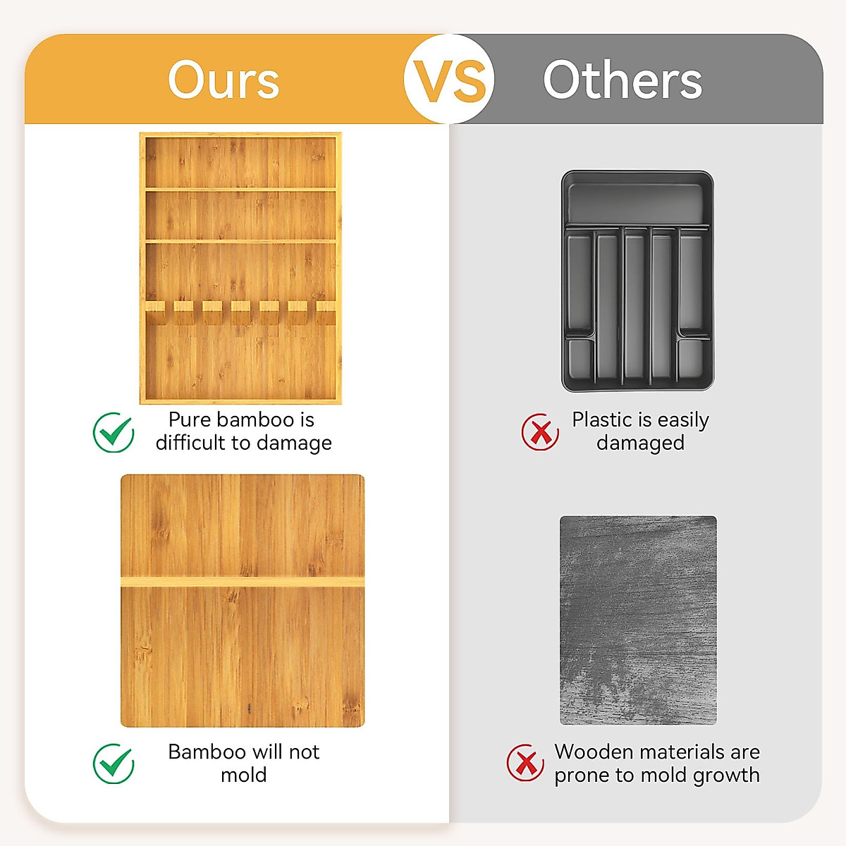 Yofidra Pure Bamboo Silverware Drawer Organizer: 16.5 Inch Large Silverware Utensil Tray Holder, 3-Compartment with 6 Card Slots Kitchen Flatware Organizer for Spoons Forks Knives, 2024 New Upgrade