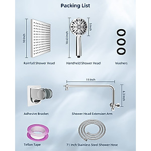 Hibbent Metal Thickness Shower Head, 10'' High Pressure Rainfall Shower Head/Handheld Showerhead Combo with 12'' Adjustable Shower Extension Arm, 7-Spray, 71'' Hose, Showerhead Holder, Chrome