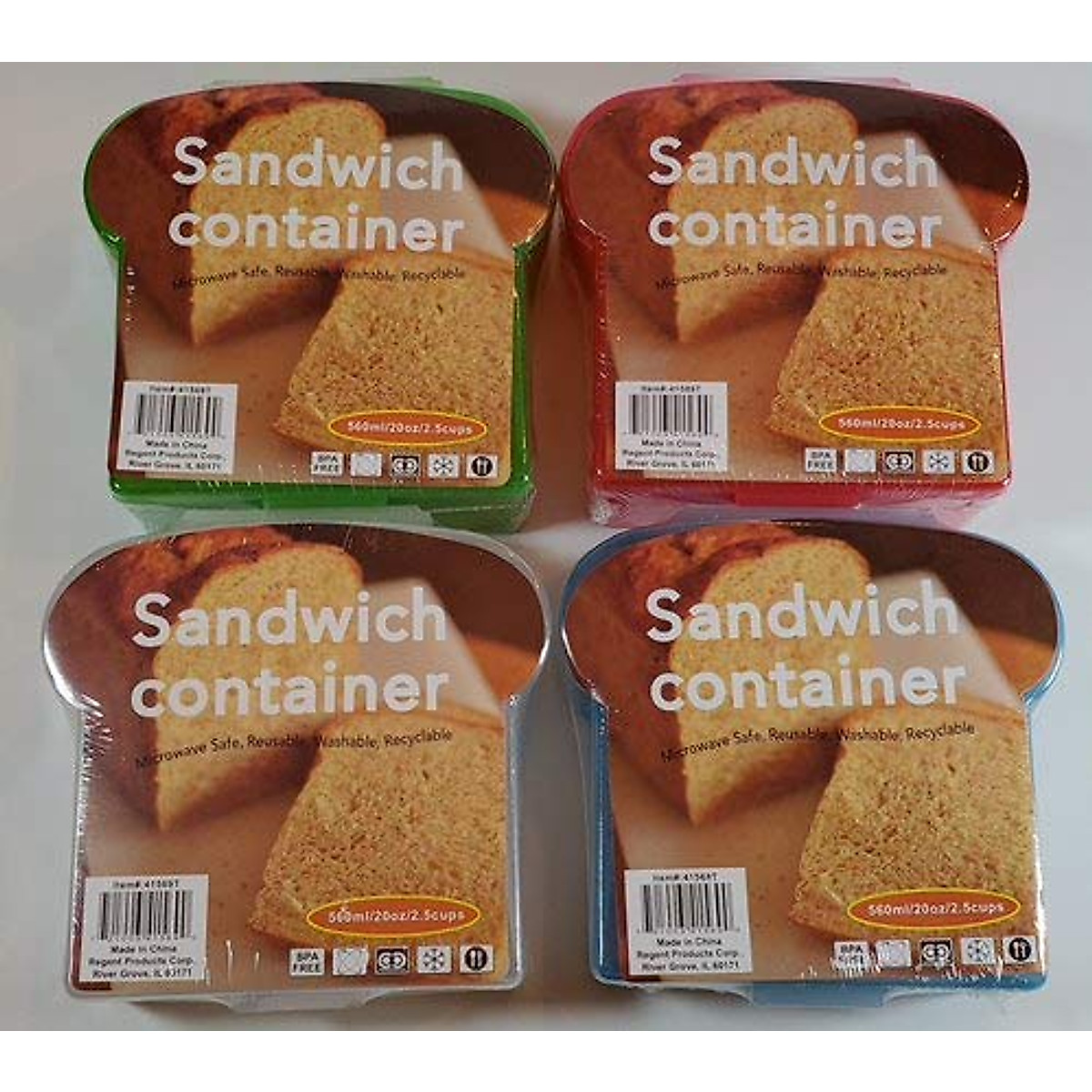 Regent Food Storage Sandwich Containers, Set of 4. - 2.5 cups 20 oz 560 ml - Red, Blue, White, and Green. Great for Meal Prep and Lunch Boxes - BPA Free, Reusable.