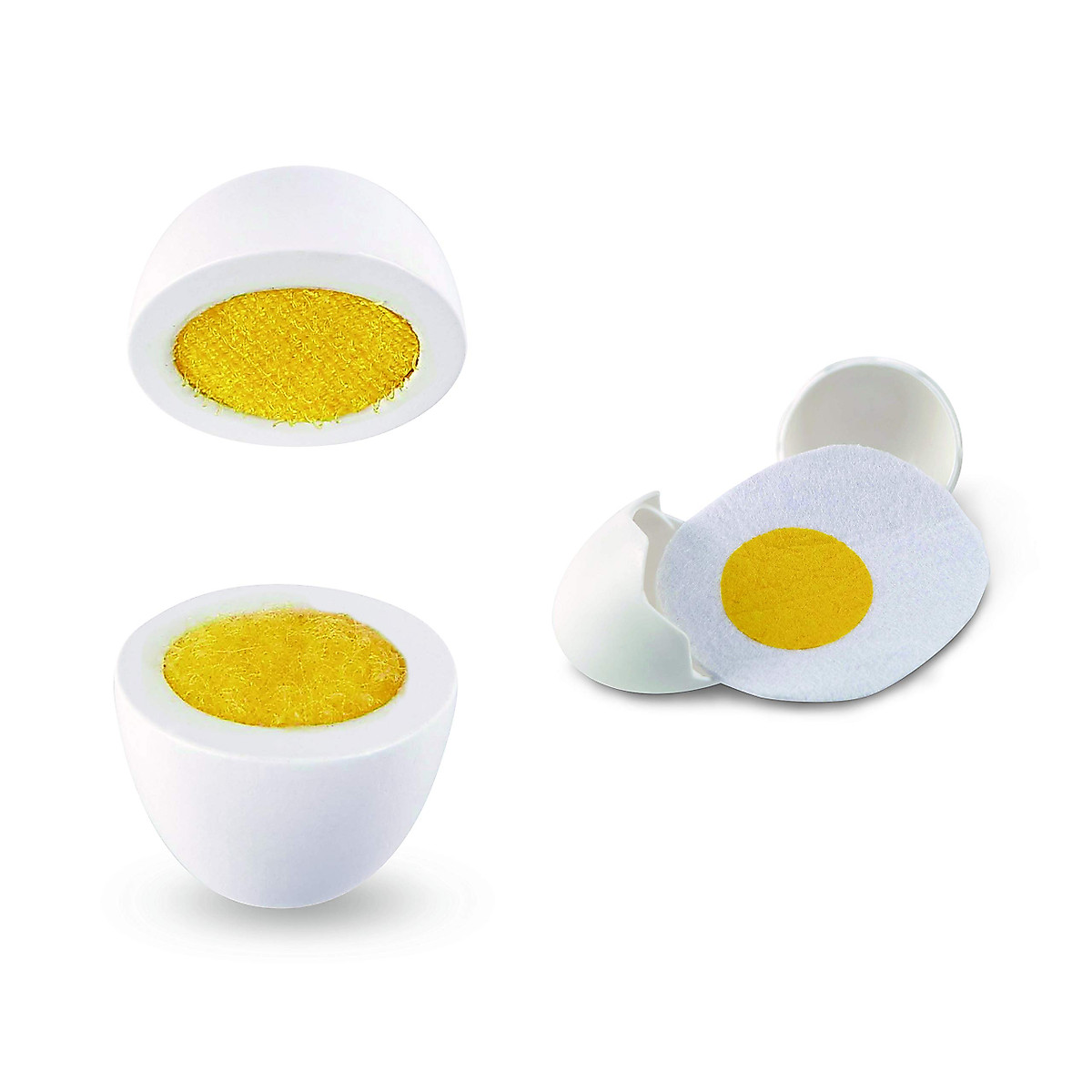 Hape Egg Carton | 3 Hard-Boiled Eggs with Easy-Peel Shell & 3 Fried, Wooden Realistic Educational Toy for Children 3+, White and Yellow (E3156)