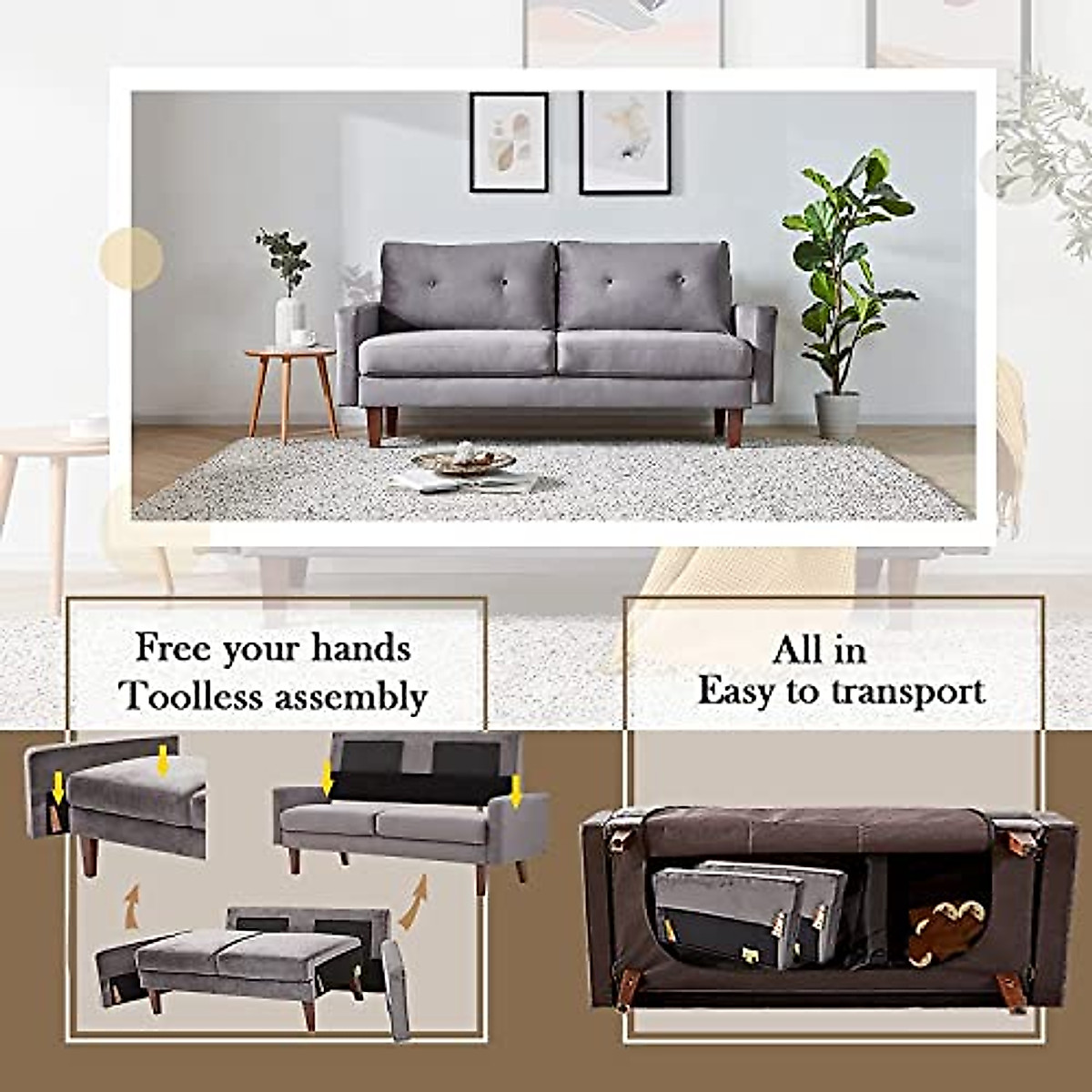 Bettermade Futon Sofa Bed,Couches for Living Room,Velvet Loveseat Sofa for Small Space,Modern Design Couch with Cushions,Tool-Free Installation,Gray