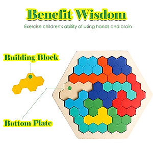 USATDD Wooden Hexagon Puzzle for Kid Adult Brain Teaser Puzzles Challenge Toy Shape Pattern Blocks Tangram Geometry Logic IQ Games STEM Montessori Educational Gift for 4-8 Boys Girls