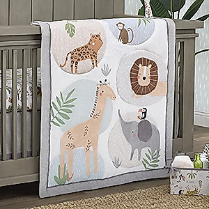 NoJo Jungle Trails Grey, Green and Gold Elephant, Lion and Giraffe 4 Piece Nursery Crib Bedding Set - Comforter, 100% Cotton Fitted Crib Sheet, Crib Skirt, and Storage