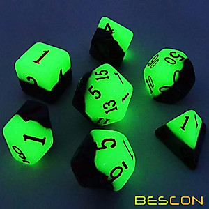 Bescon Two-Tone Glowing Polyhedral Dice 7pcs Set Green Dawn, Luminous RPG Dice Set d4 d6 d8 d10 d12 d20 d%, Brick Box Packaging