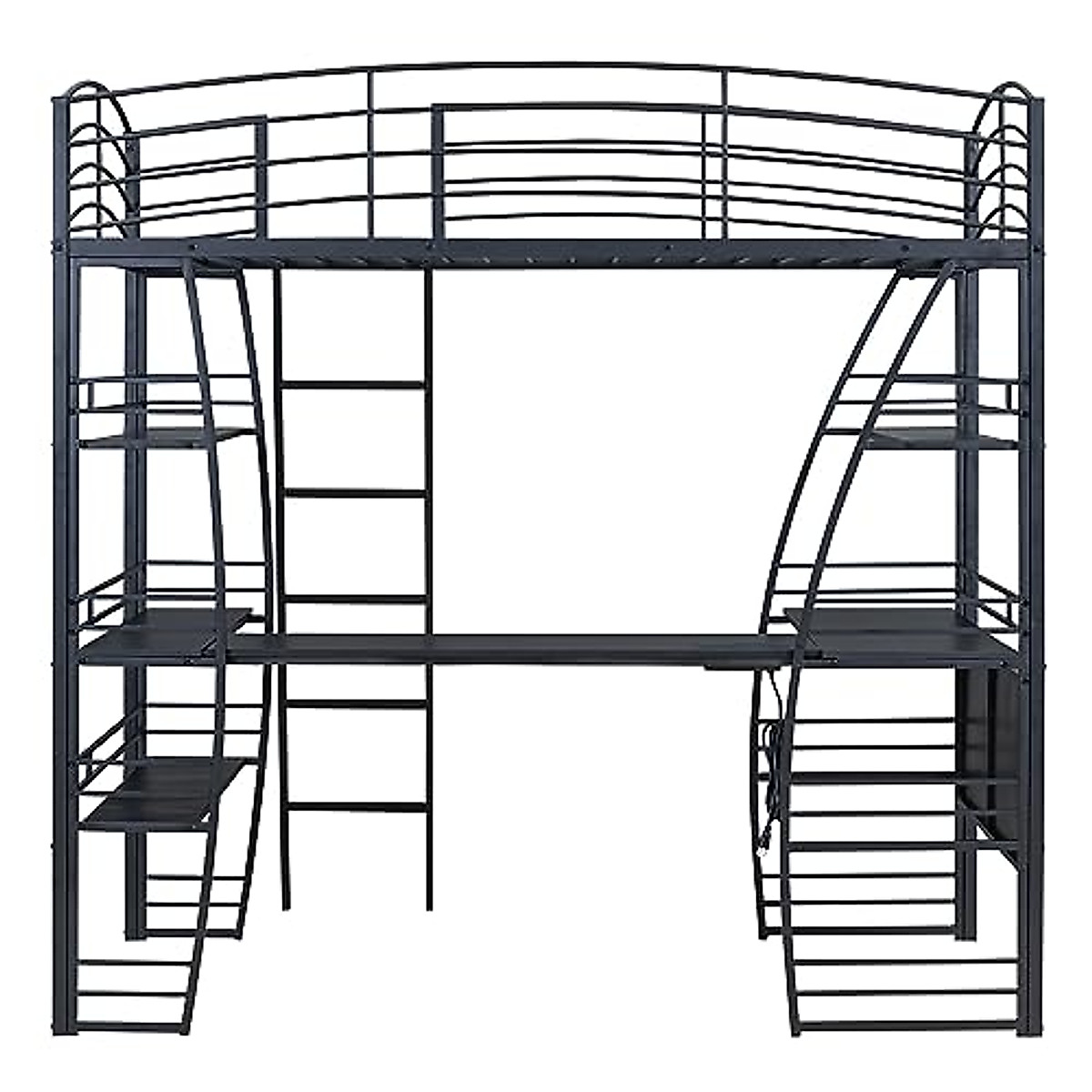 FANYHOME Twin Size Loft Bed with 4 Layers of Shelves and L-Shaped Desk, Stylish Metal Frame Bed with a Set of Sockets, USB Ports and Wireless Charging, Black