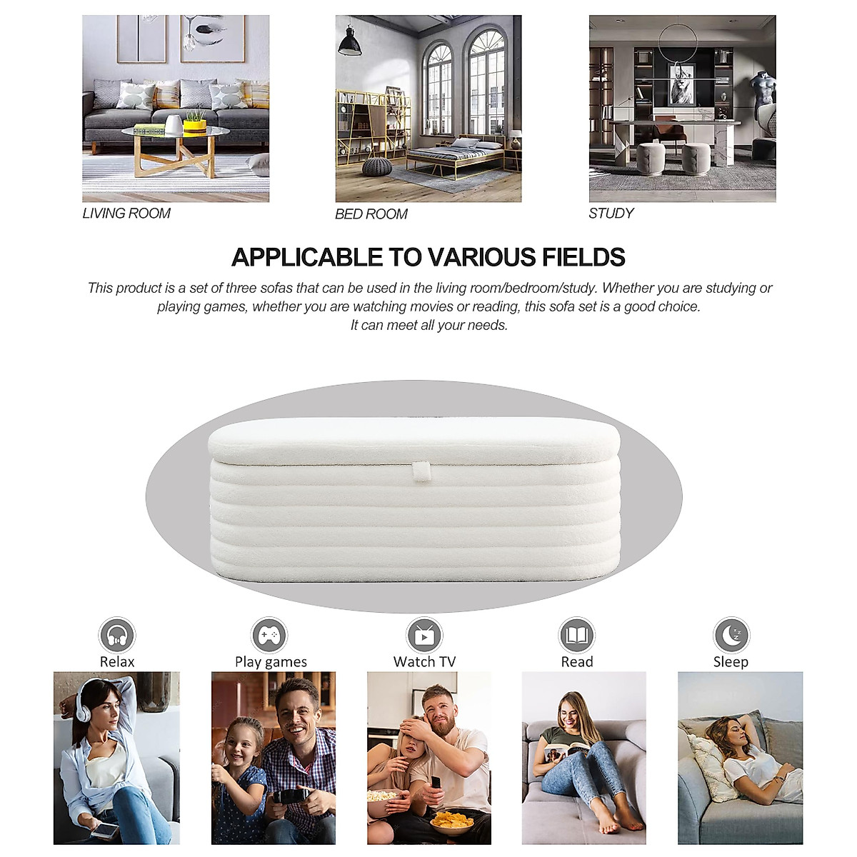 IMGDD 45.5 inches Storage Ottoman Bench Upholstered Fabric Storage Bench End of Bed Stool with Safety Hinge for Bedroom, Living Room, Entryway (White)