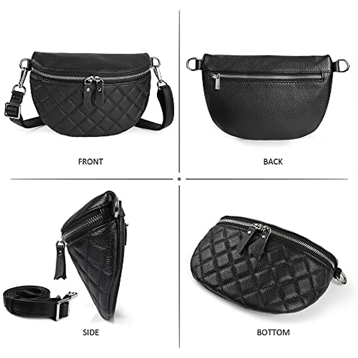 befen Small Quilted Leather Fanny Packs for Women, Cross Body Fanny Pack Belt Bag for Women Casual Look - Diamond Quilted Black