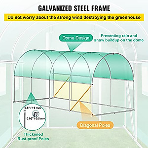 VEVOR Walk-in Tunnel Greenhouse, 14.8 x 6.6 x 6.6 ft Portable Plant Hot House w/ Zippered Door, 8 Roll-up Windows, Galvanized Steel Hoops, 1 Top Beam, and 2 Diagonal Poles, Green